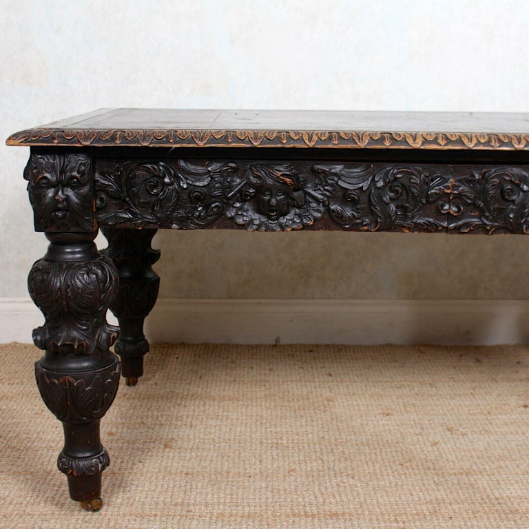 English Carved Oak Desk Library Table Gothic Jacobean Large Writing ...