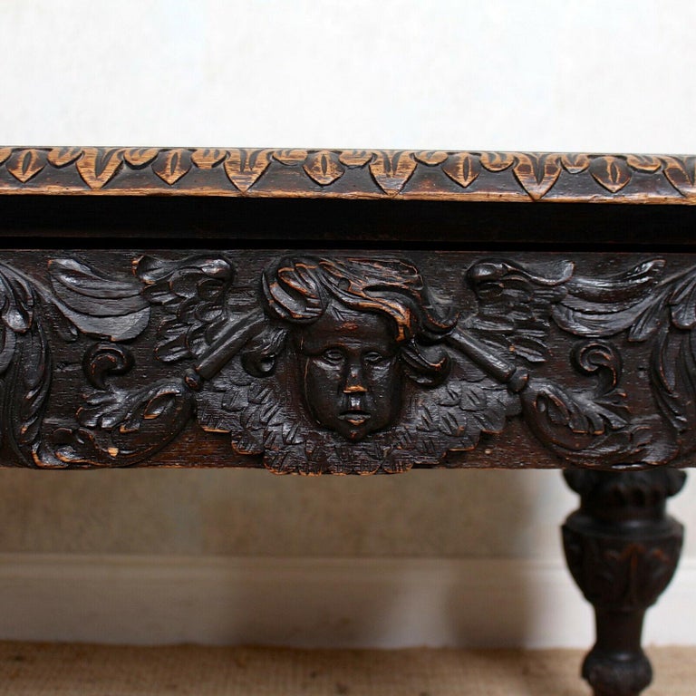 English Carved Oak Desk Library Table Gothic Jacobean Large Writing ...