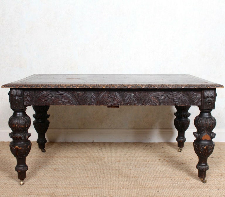 English Carved Oak Desk Library Table Gothic Jacobean Large Writing ...