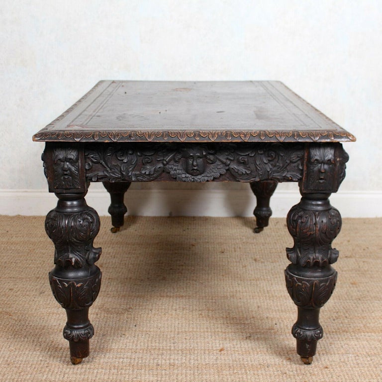 English Carved Oak Desk Library Table Gothic Jacobean Large Writing ...