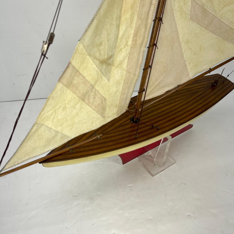 English Carved Wood Sailboat Model with Parquetry Deck and Union Jack ...