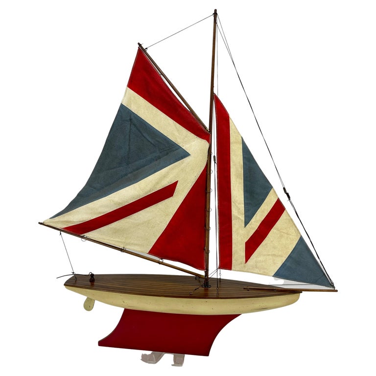 English Carved Wood Sailboat Model with Parquetry Deck and Union Jack ...