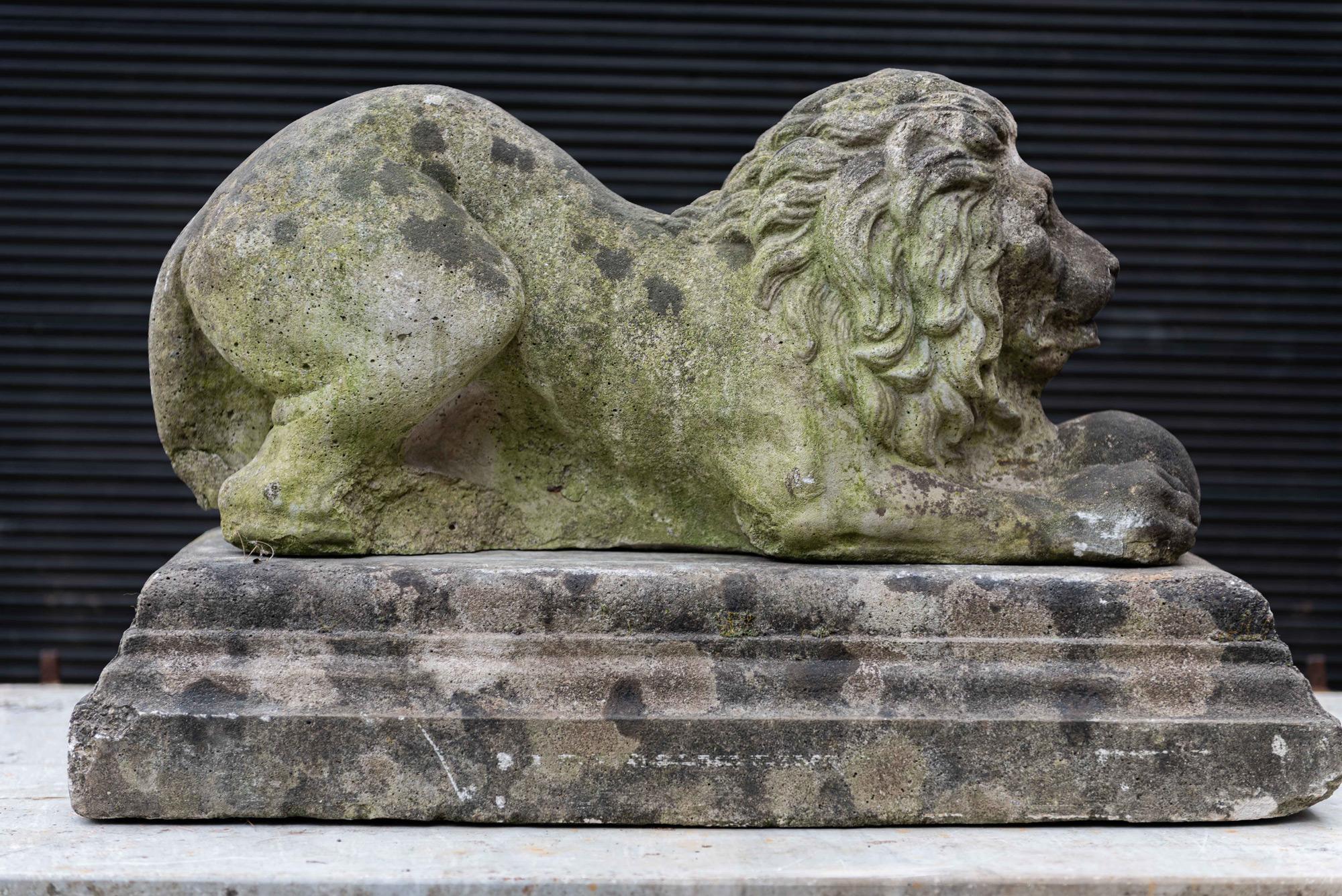 English Cast Stone Recumbent Lion on Stepped Plinth, Mid to Late 19th ...