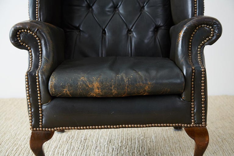 English Chesterfield Tufted Leather Wingback Library Chair at 1stDibs