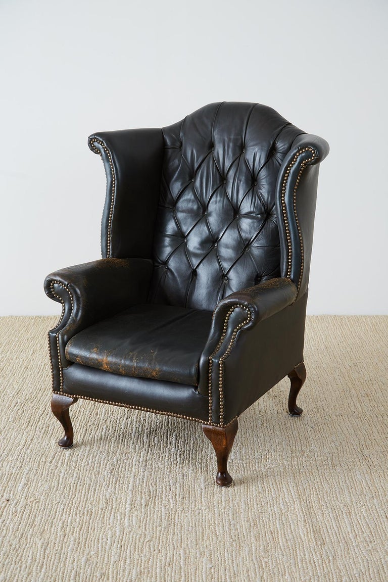 English Chesterfield Tufted Leather Wingback Library Chair at 1stDibs