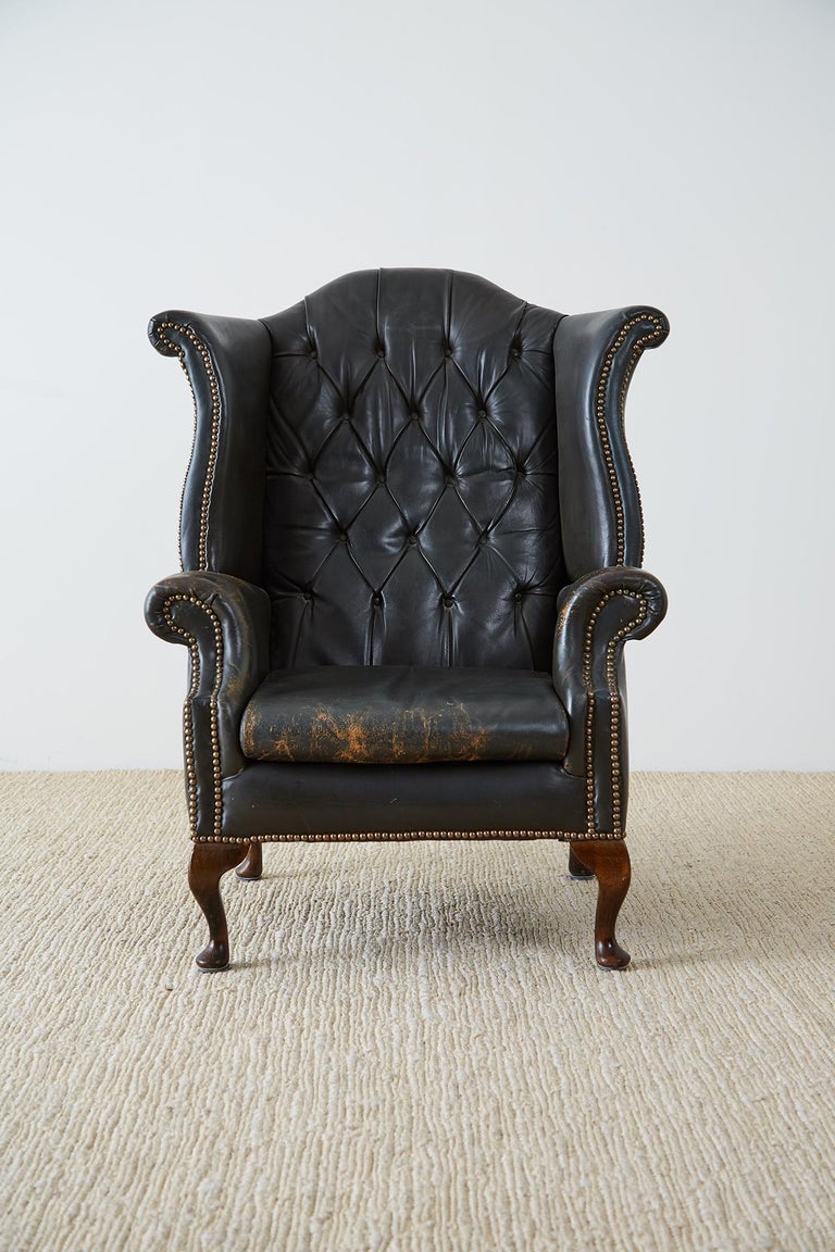 English Chesterfield Tufted Leather Wingback Library Chair at 1stDibs