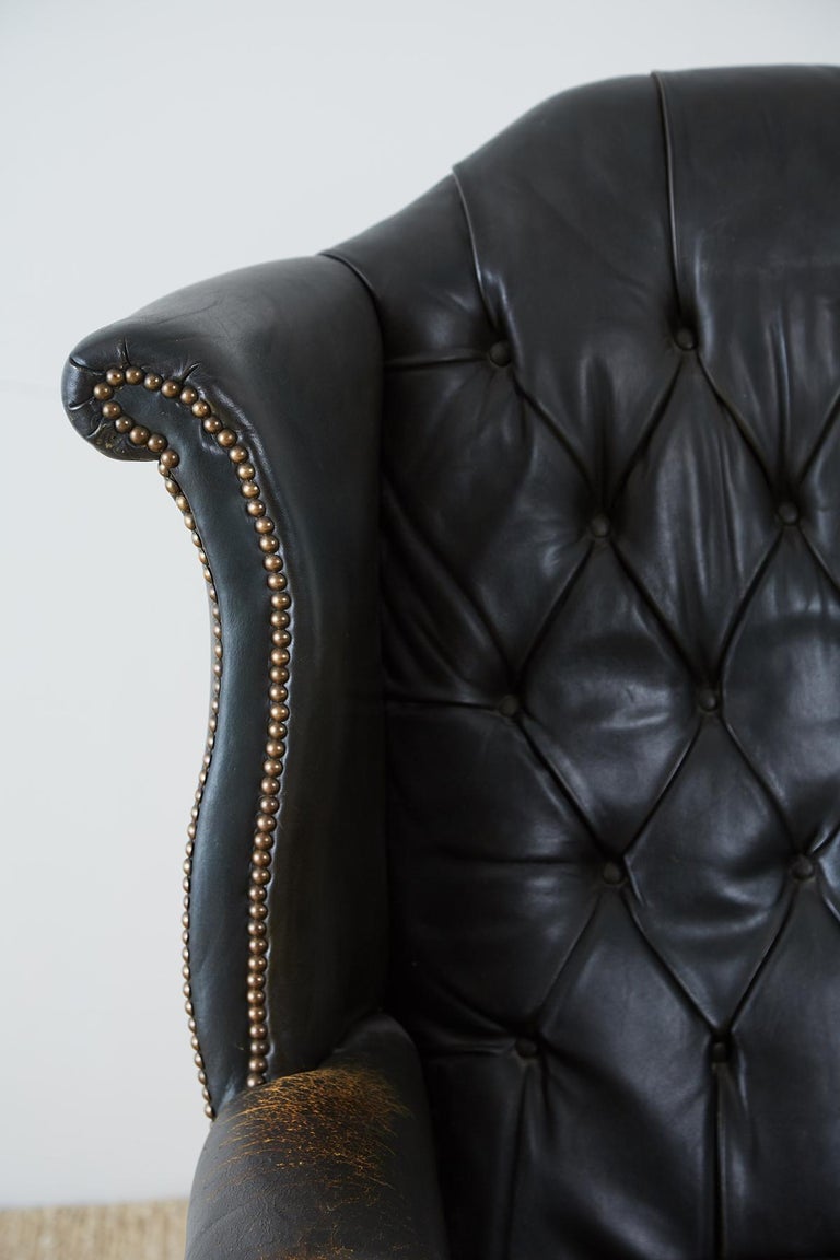 English Chesterfield Tufted Leather Wingback Library Chair at 1stDibs