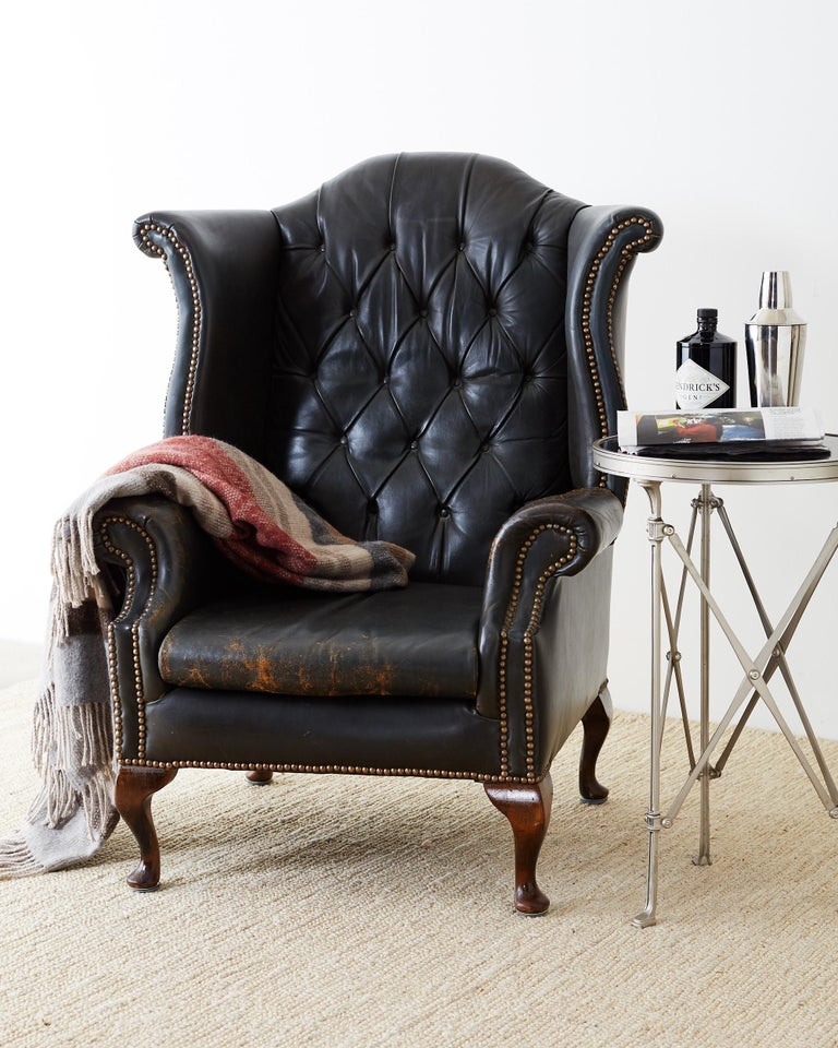 English Chesterfield Tufted Leather Wingback Library Chair at 1stDibs