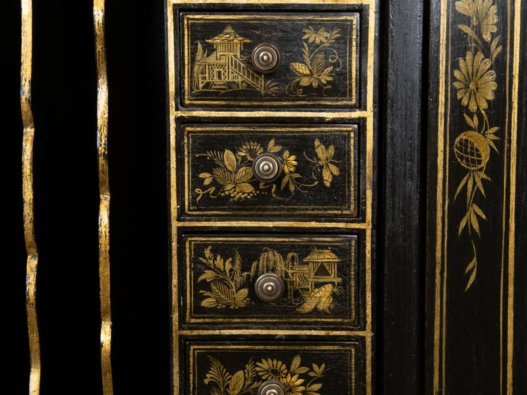 English Chinoiserie 1920s Black and Gold Tall Secretary with Slant ...