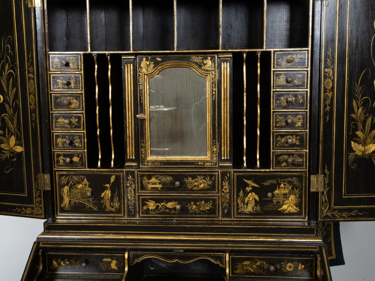 English Chinoiserie 1920s Black and Gold Tall Secretary with Slant ...