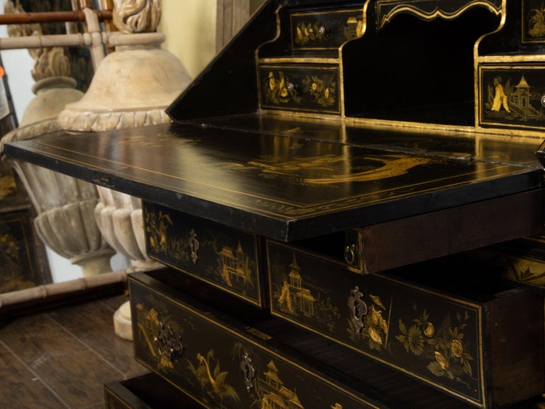 English Chinoiserie 1920s Black and Gold Tall Secretary with Slant ...