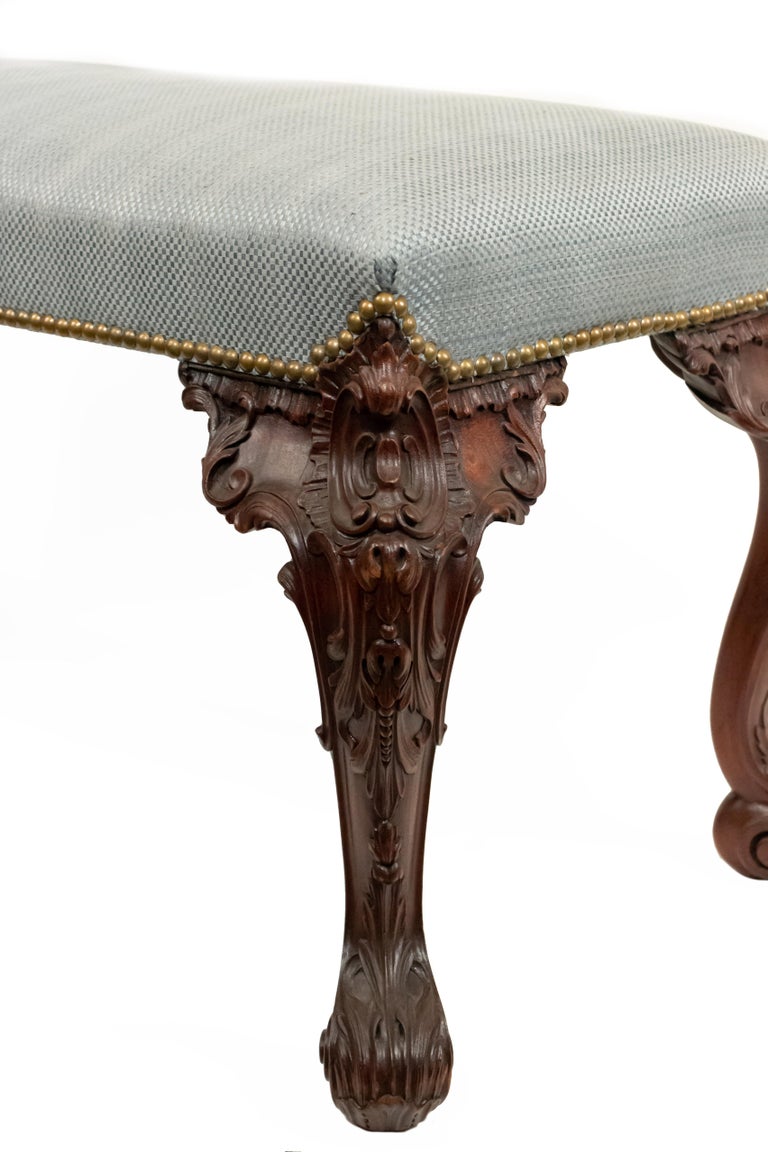 English Chippendale Style Blue Upholstery Bench For Sale at 1stDibs