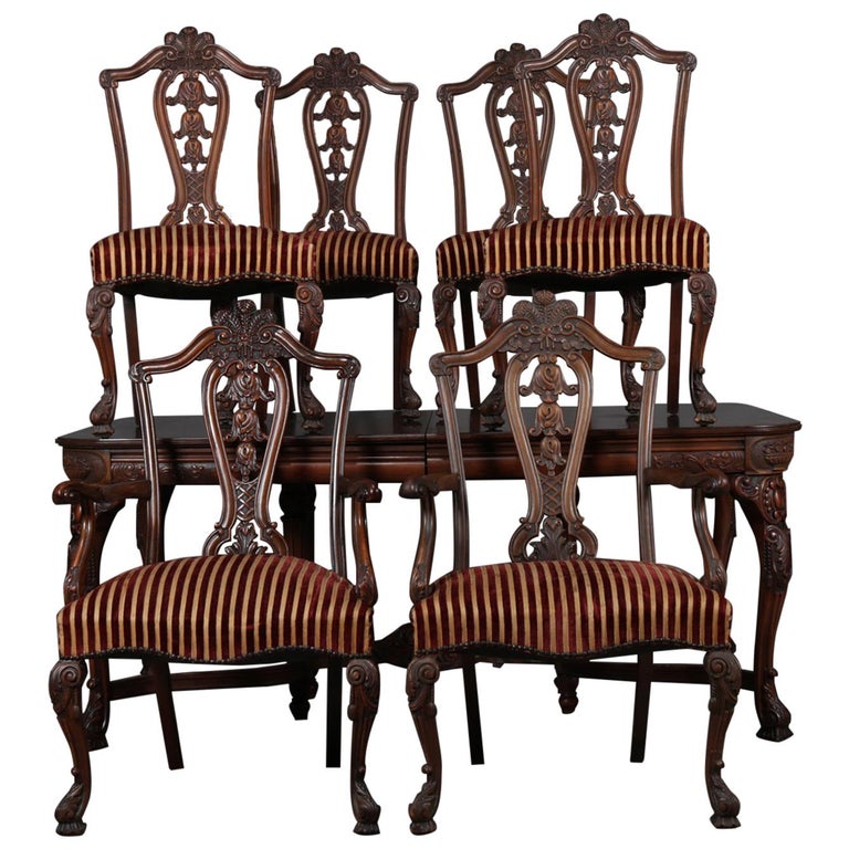 English Chippendale Style Carved Walnut Dining Table and 6 Chairs, 20th ...