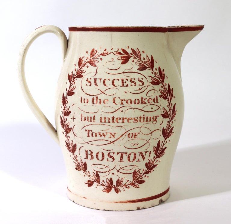 English Creamware Jug with "Success to the Crooked but interesting Town ...