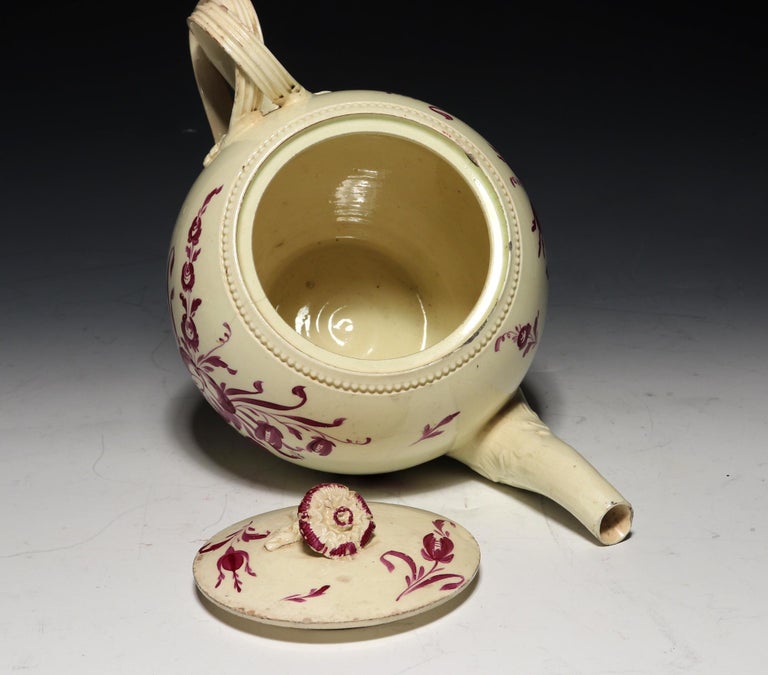 English Creamware Large Teapot with Puce Flower Painted Decoration For ...
