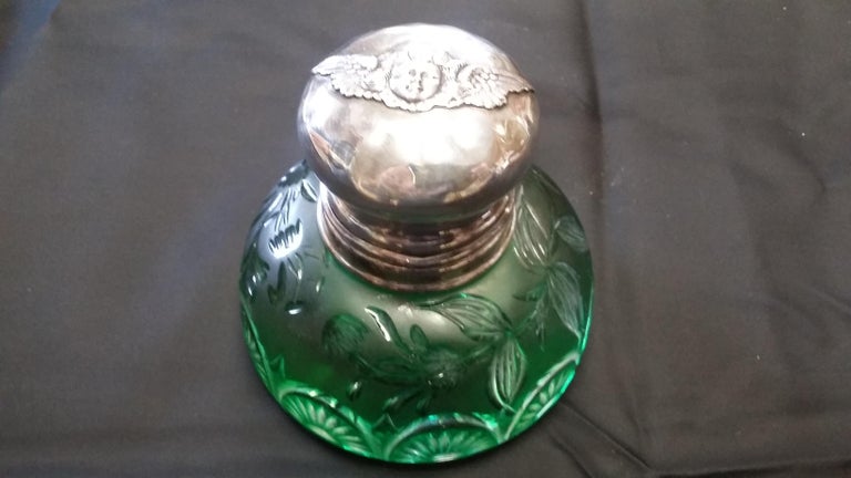English Crystal Inkwell with Sterling Silver Top For Sale at 1stDibs