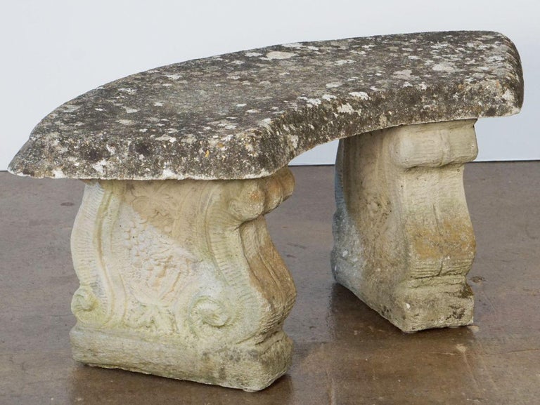 English Curved Garden Stone Bench or Seat with Scroll Base For Sale at ...