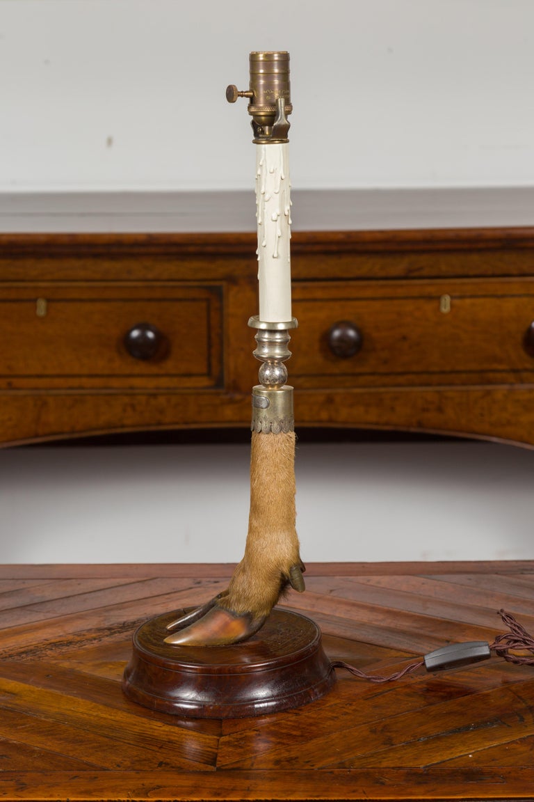 English Deer Leg Wired Table Lamp Dated 1908, Mounted on a Circular ...