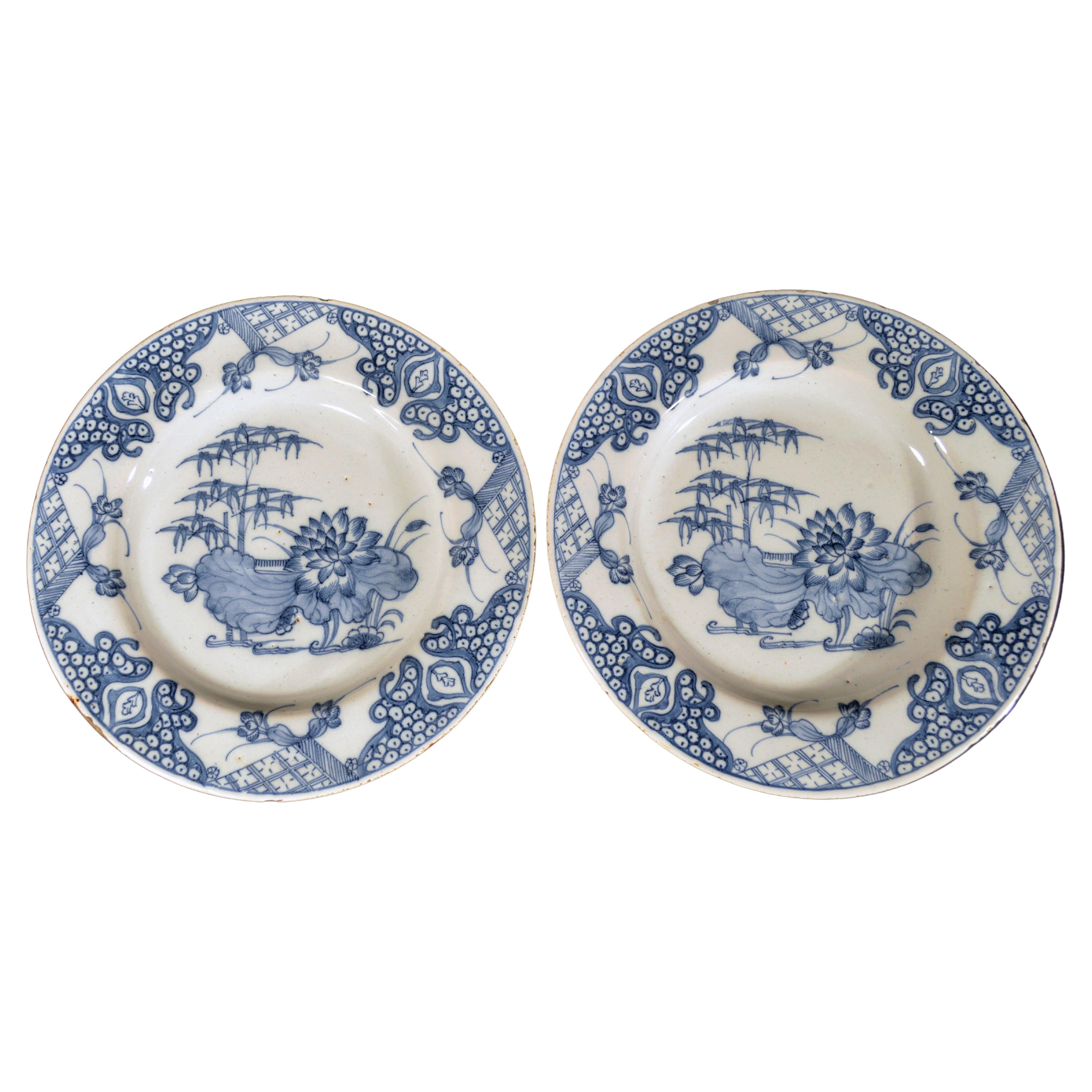 English Delftware Plates Decorated in Underglaze Blue with Lotus ...