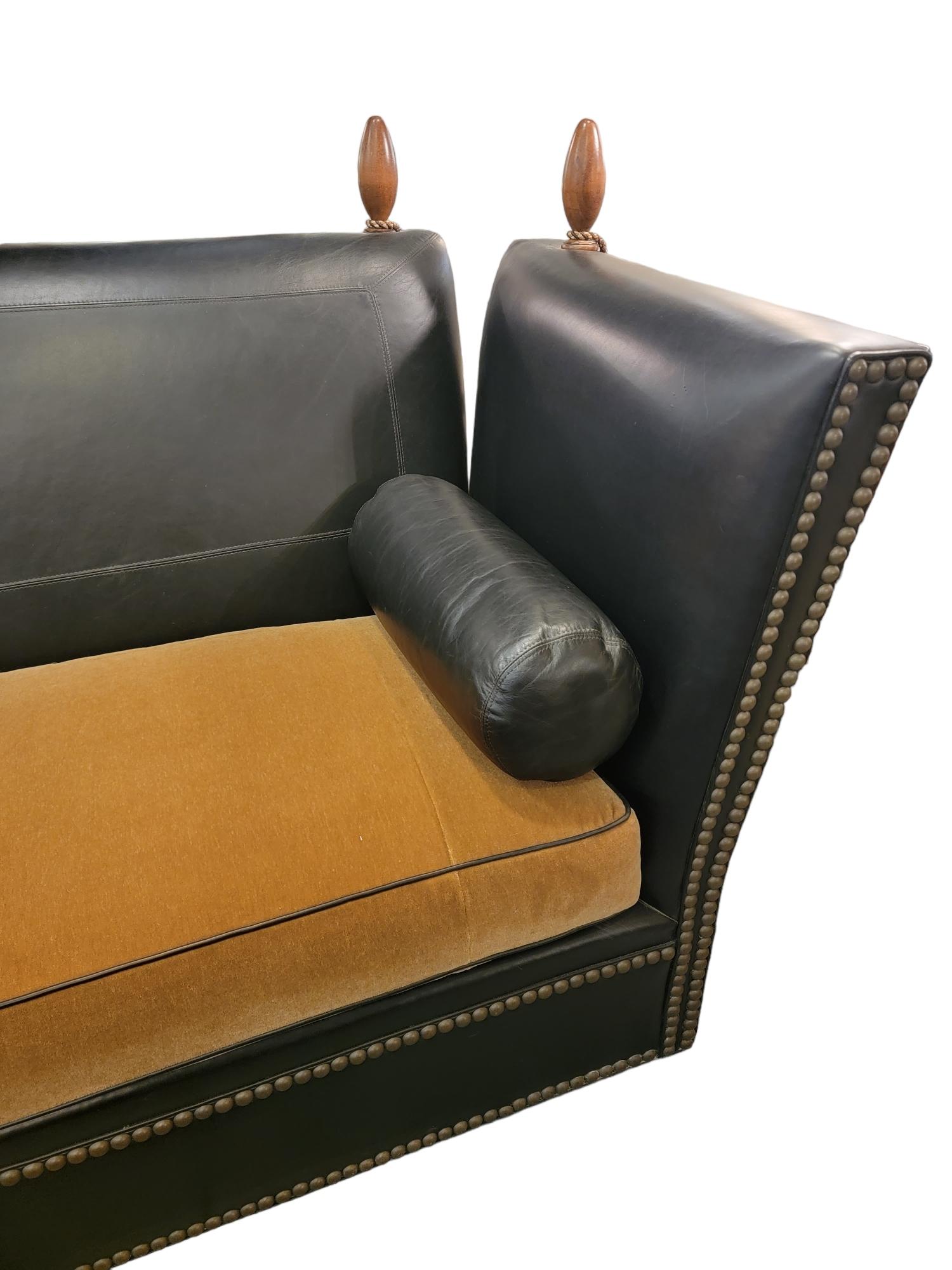 English Drop Arm Leather and Mohair Cushion Sofa with Brass Studs For ...