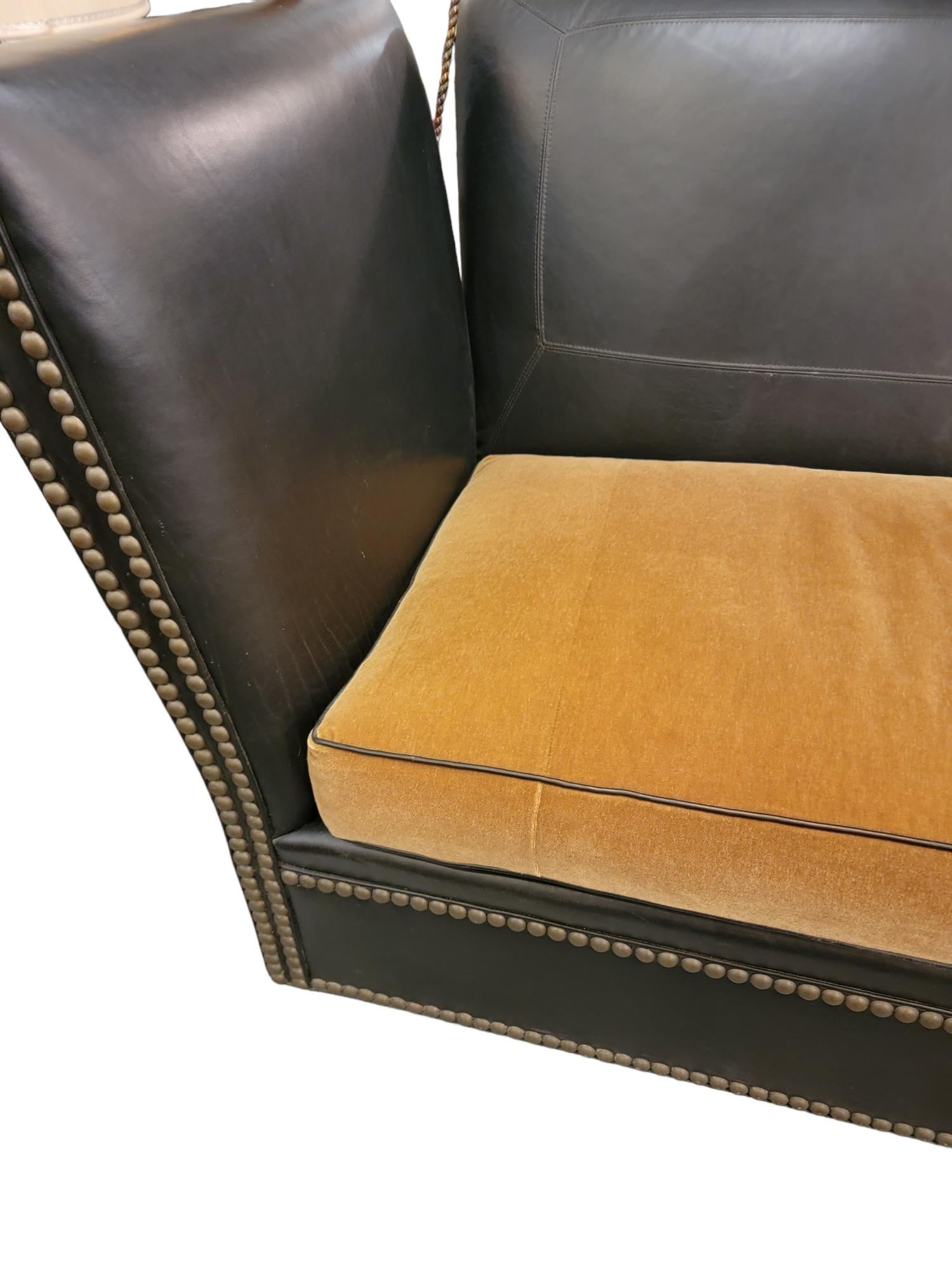 English Drop Arm Leather and Mohair Cushion Sofa with Brass Studs For ...