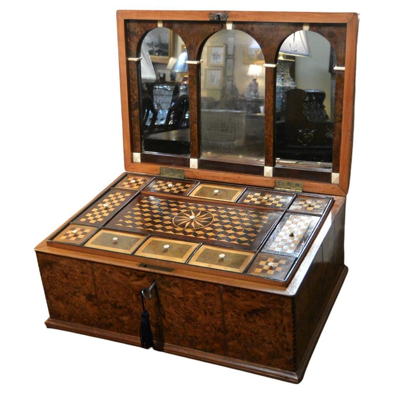 English Early 19th Century Burl Walnut Dressing Box with Three Layers ...