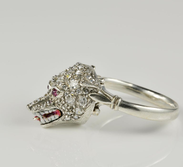 English Edwardian Diamond Ruby Wild Wolf Rare Platinum Ring at 1stDibs ...