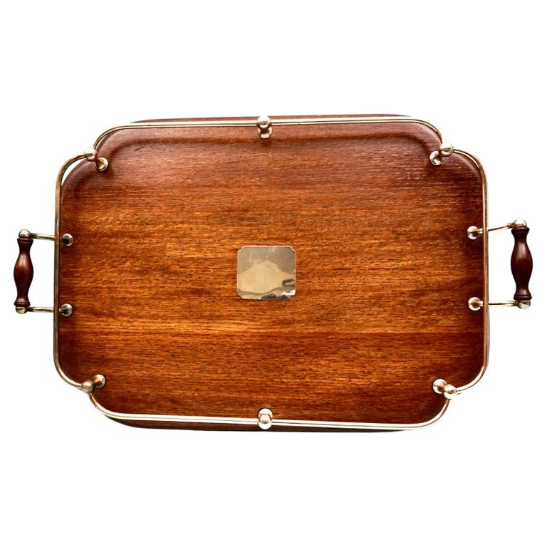 English Edwardian Mahogany Tray with Silver Plated Handles and Gallery ...