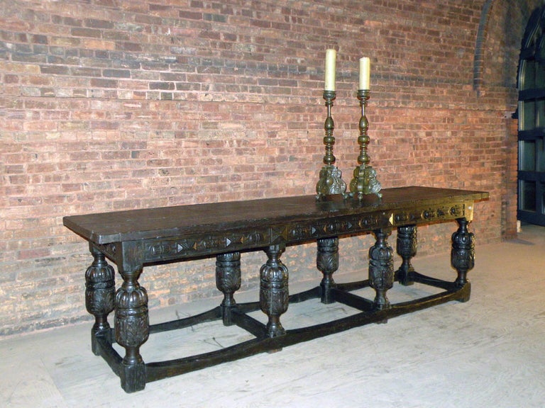 English Elizabethan Oak Long Eight-Melon Dining Table or Console Table ...