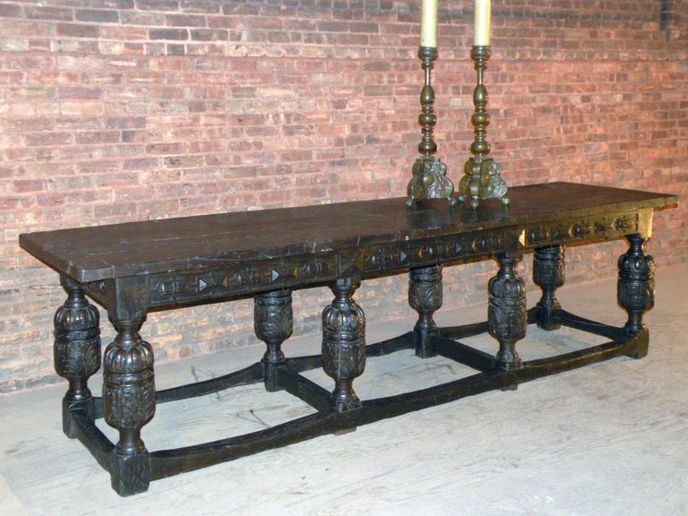 English Elizabethan Oak Long Eight-Melon Dining Table or Console Table ...