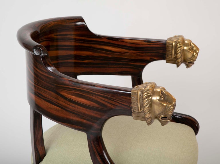 English Faux Calamander Barrel Form Chair with Bronze Lion's Head ...