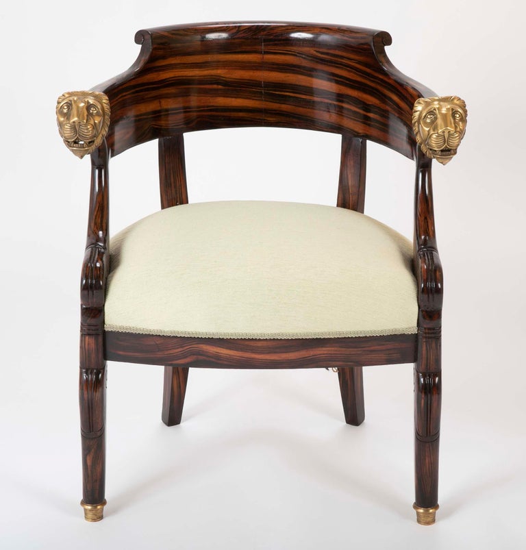 English Faux Calamander Barrel Form Chair with Bronze Lion's Head ...