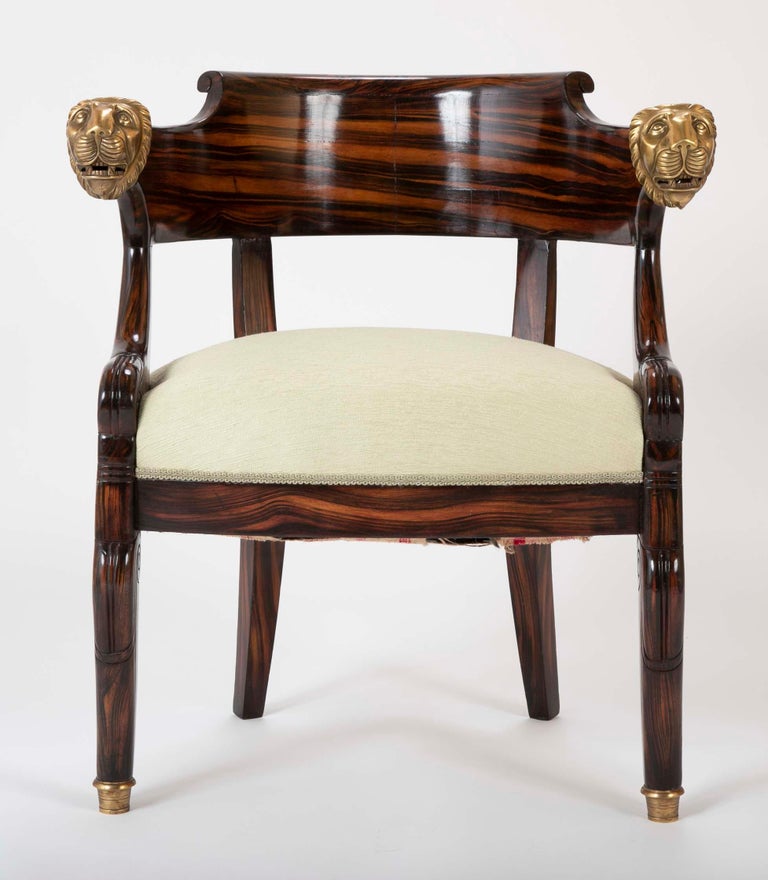 English Faux Calamander Barrel Form Chair with Bronze Lion's Head ...