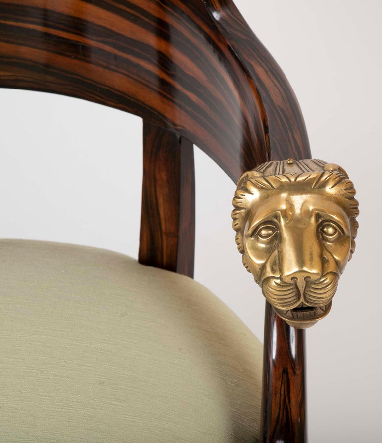 English Faux Calamander Barrel Form Chair with Bronze Lion's Head ...