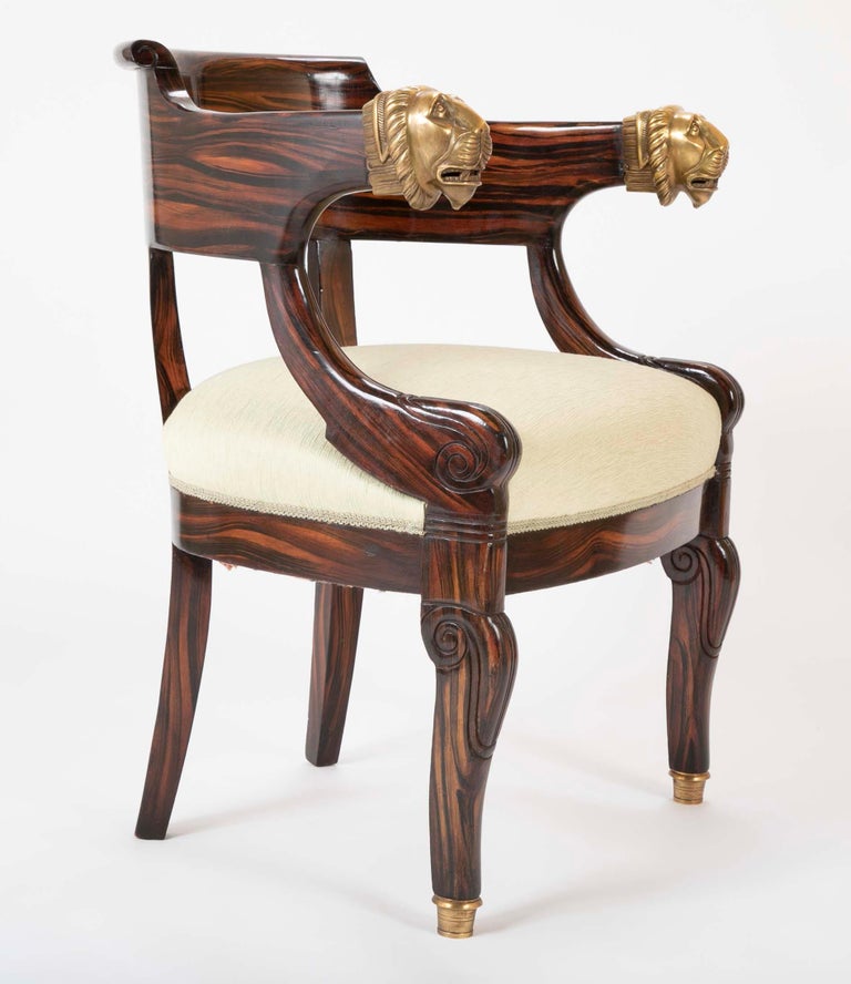 English Faux Calamander Barrel Form Chair with Bronze Lion's Head ...