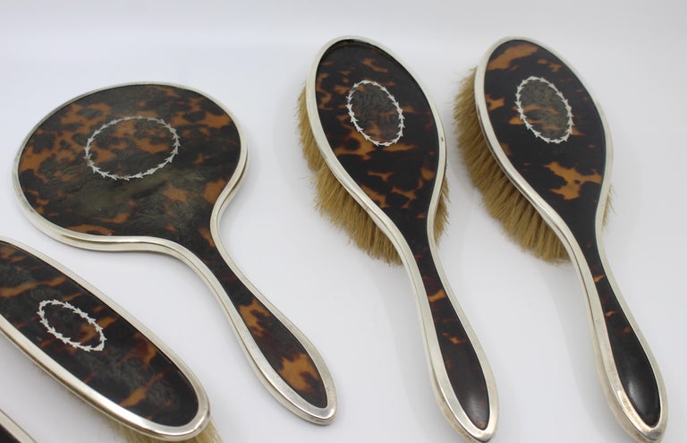 English Five Piece Silver and Tortoiseshell Vanity Brush Set, 1923 For ...