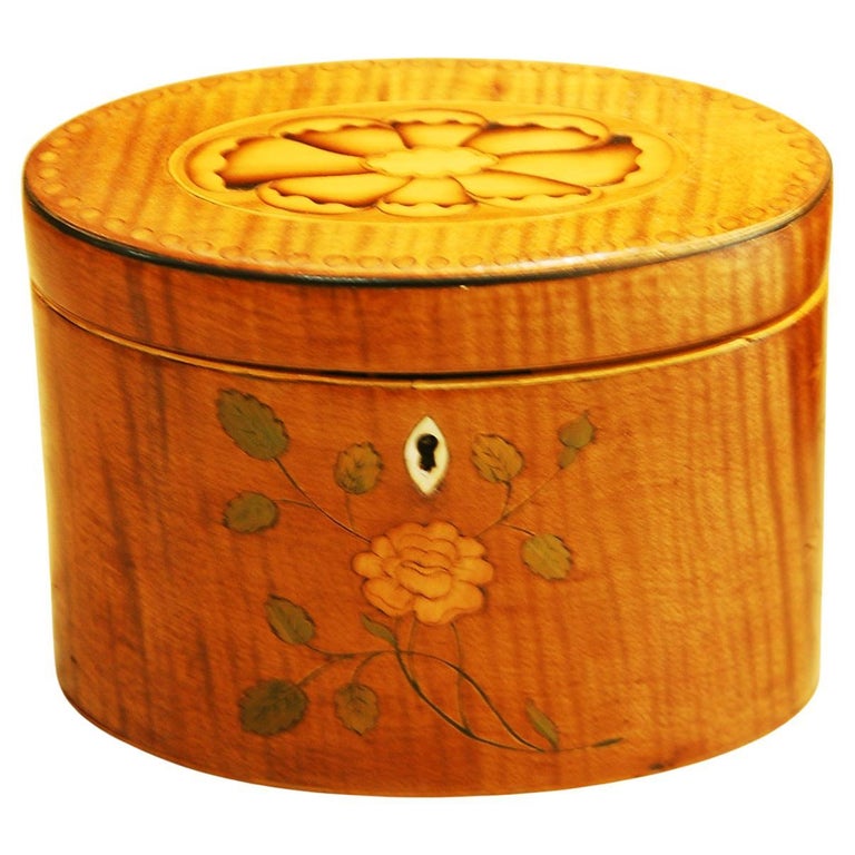 English Georgian 18th Century Oval Satinwood Tea Caddy with Floral ...
