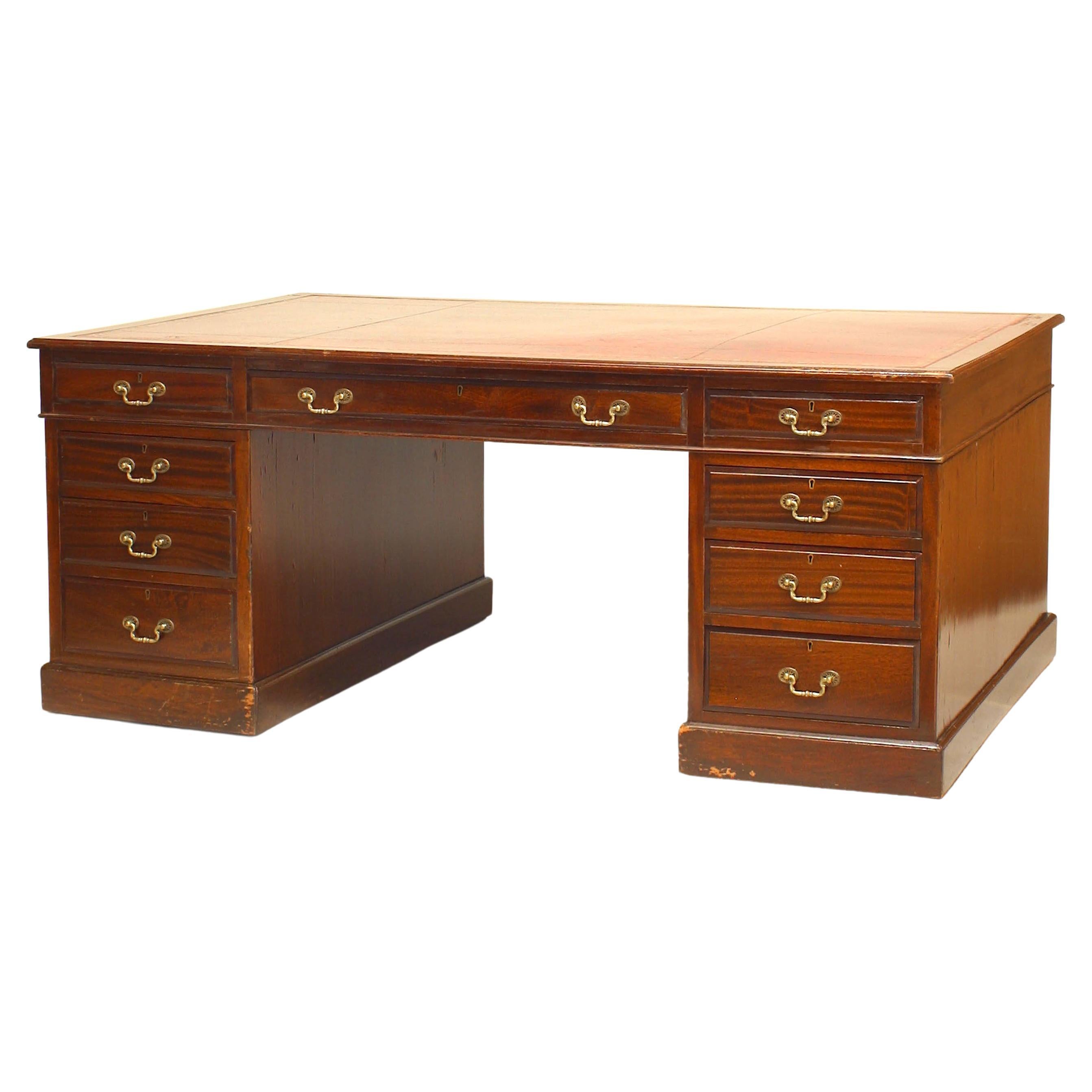English Partner's Writing Desk or Library Table with Leather Top at 1stDibs