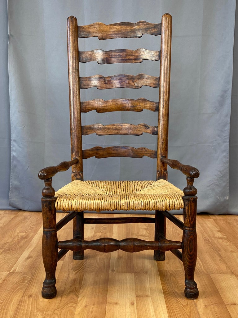 English Georgian Period Elm Ladderback Fireside Armchair with Rush Seat ...