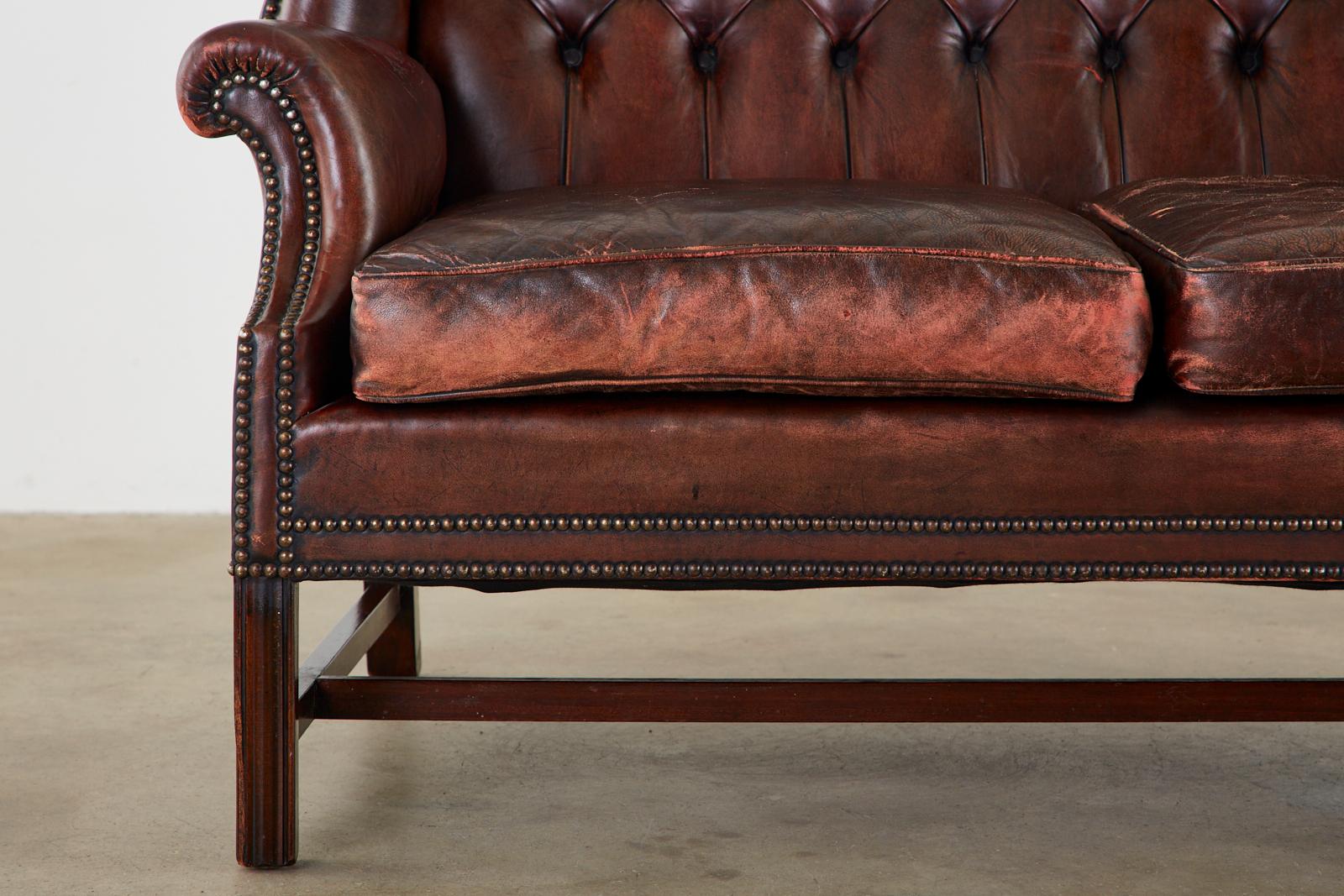English Georgian Style Tufted Leather Chesterfield Wingback Settee For ...
