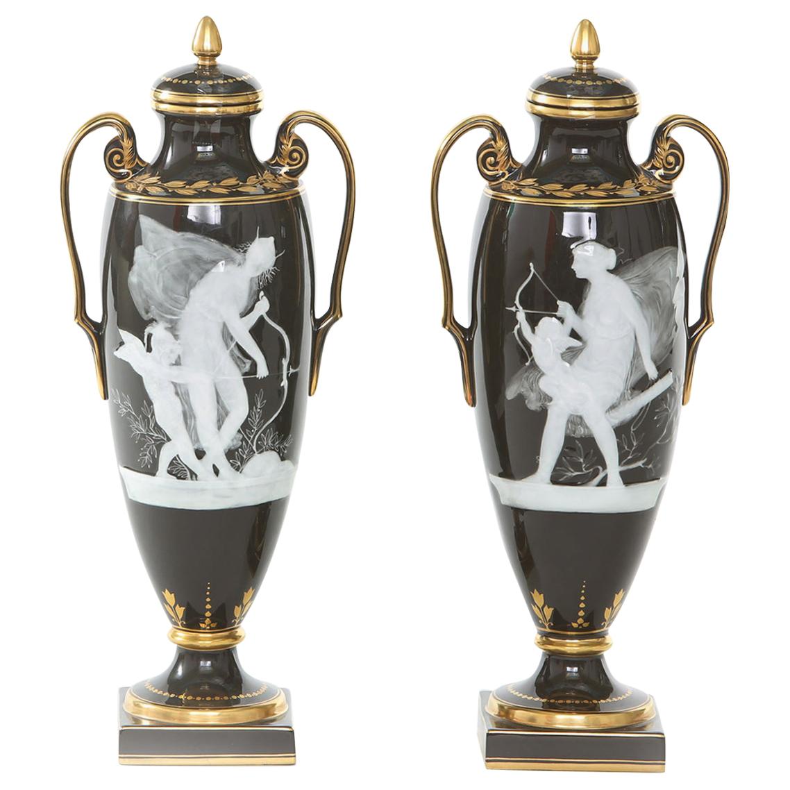 English Gilt Gold Minton Porcelain Covered Pair Urns at 1stDibs