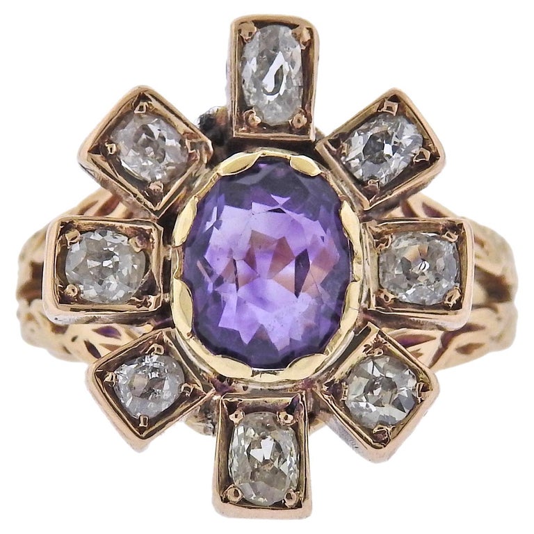 English Gold Amethyst Diamond Ring For Sale at 1stDibs