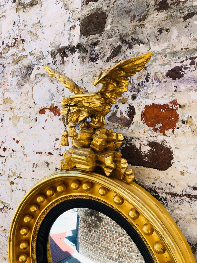 English Gold Gilt Convex Mirror with Eagle on Plinth and Lion at Base ...