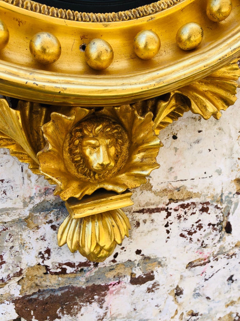 English Gold Gilt Convex Mirror with Eagle on Plinth and Lion at Base ...