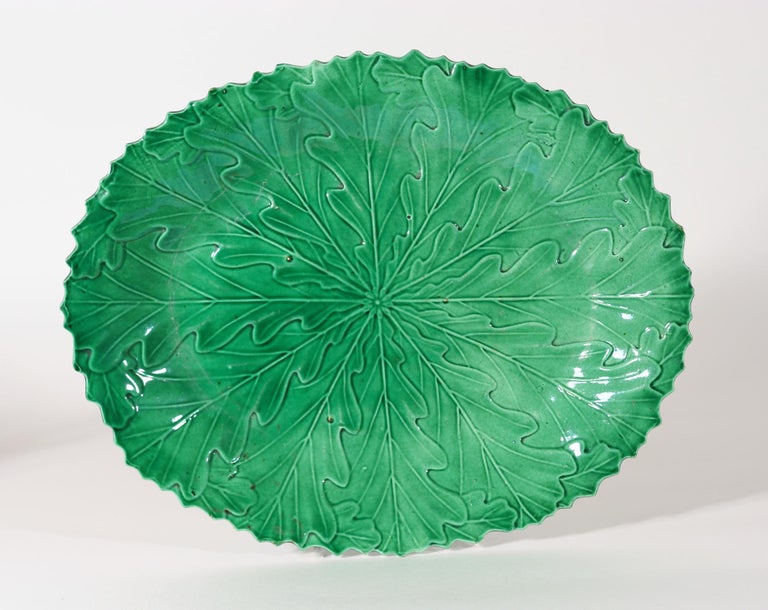 British Green Glaze Oak Leaf Pottery Baskets and Stands For Sale at 1stDibs