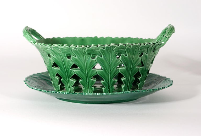 British Green Glaze Oak Leaf Pottery Baskets and Stands For Sale at 1stDibs