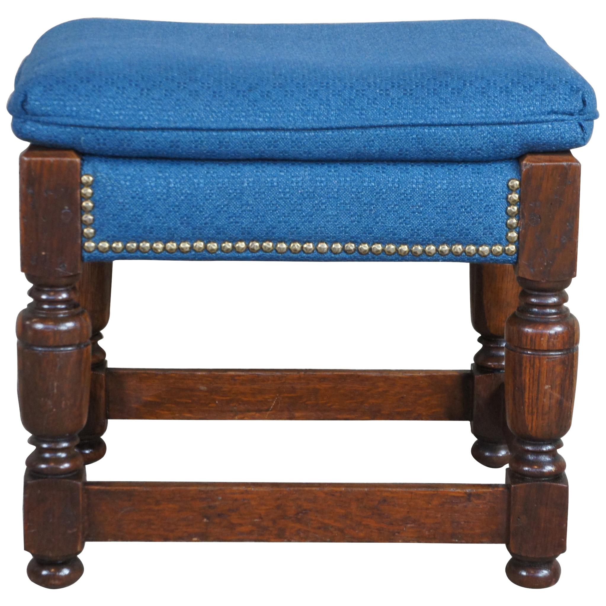 English Jacobean Oak Joint Foot Stool Ottoman Bench Blue Upholstery and ...