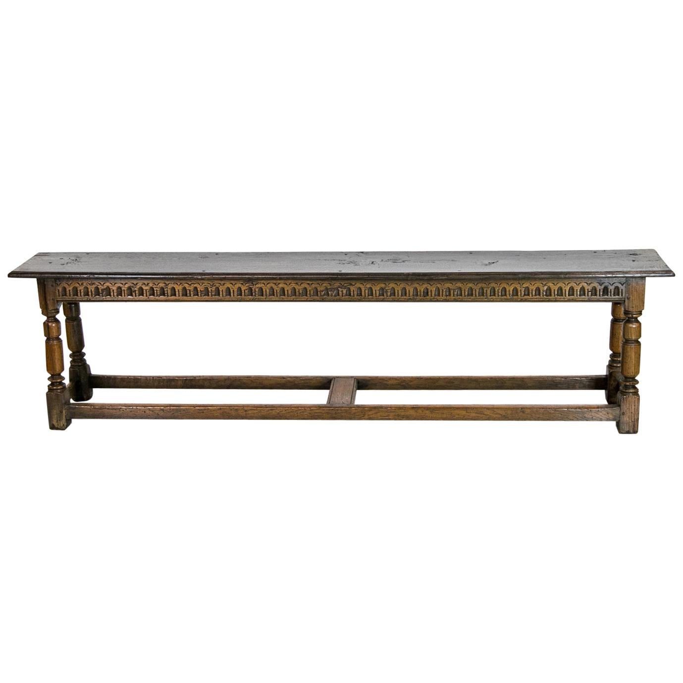 English Jacobean Style Oak Stretcher Bench at 1stDibs