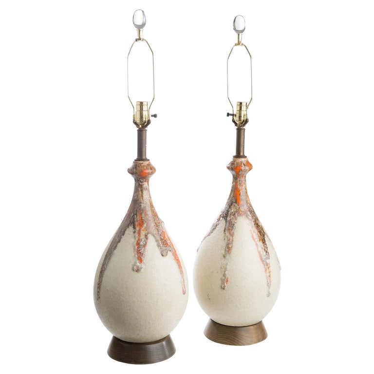 English Large Ceramic Table Lamps with Art Glaze and Hand Turned Wood ...