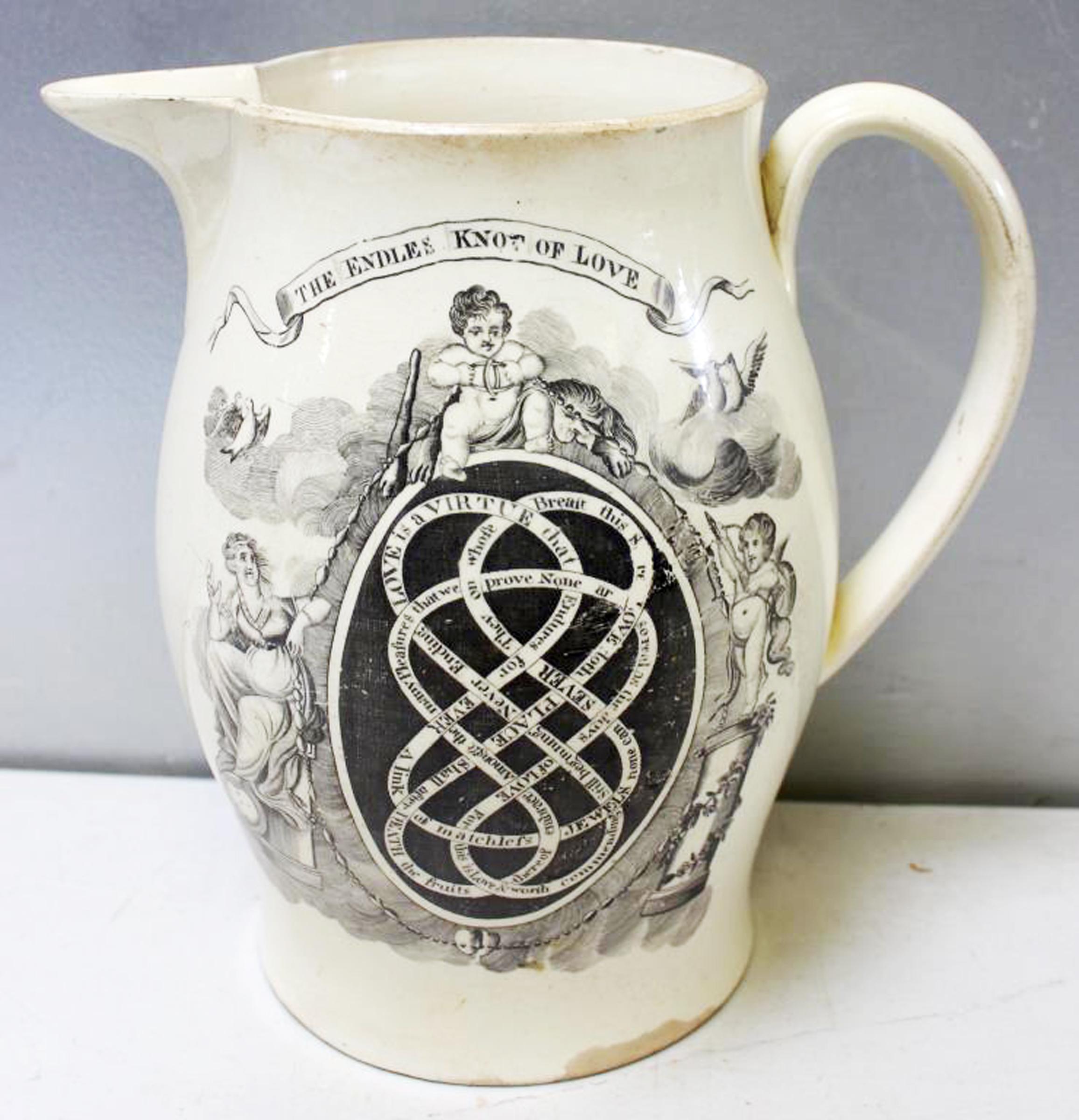 English Large Creamware Jug Decorated with the "Endless Knot of Love ...